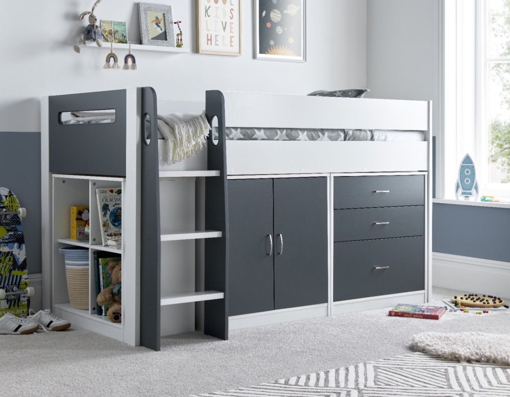 Lacy Storage Mid Sleeper Bed in White Grey 3ft Single Free Delivery