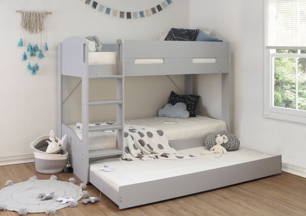 Billie Bunk Bed in Light Grey with Underbed Trundle Free Delivery