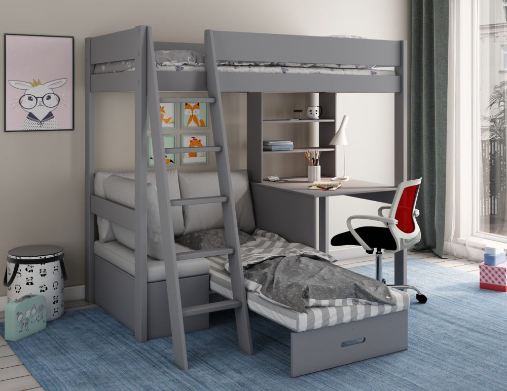 Kids Avenue Estella Grey High Sleeper 4 Bed with Storage Desk Silver Futon