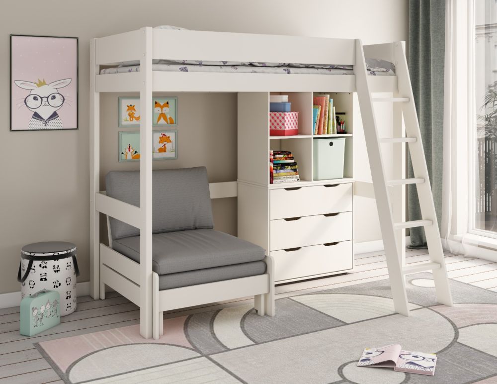 Kids Avenue Estella White High Sleeper Bed with Storage and Grey Futon